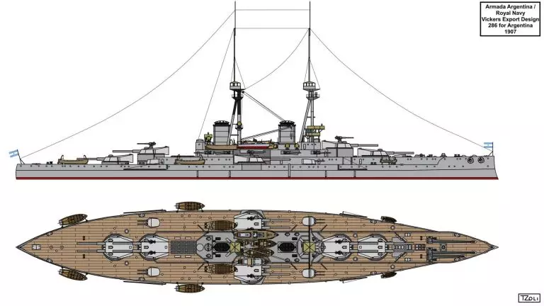 Nerealigita ŝipa potenco de Argentino. Dreadnought-projektoj de Vickers. Parto 1