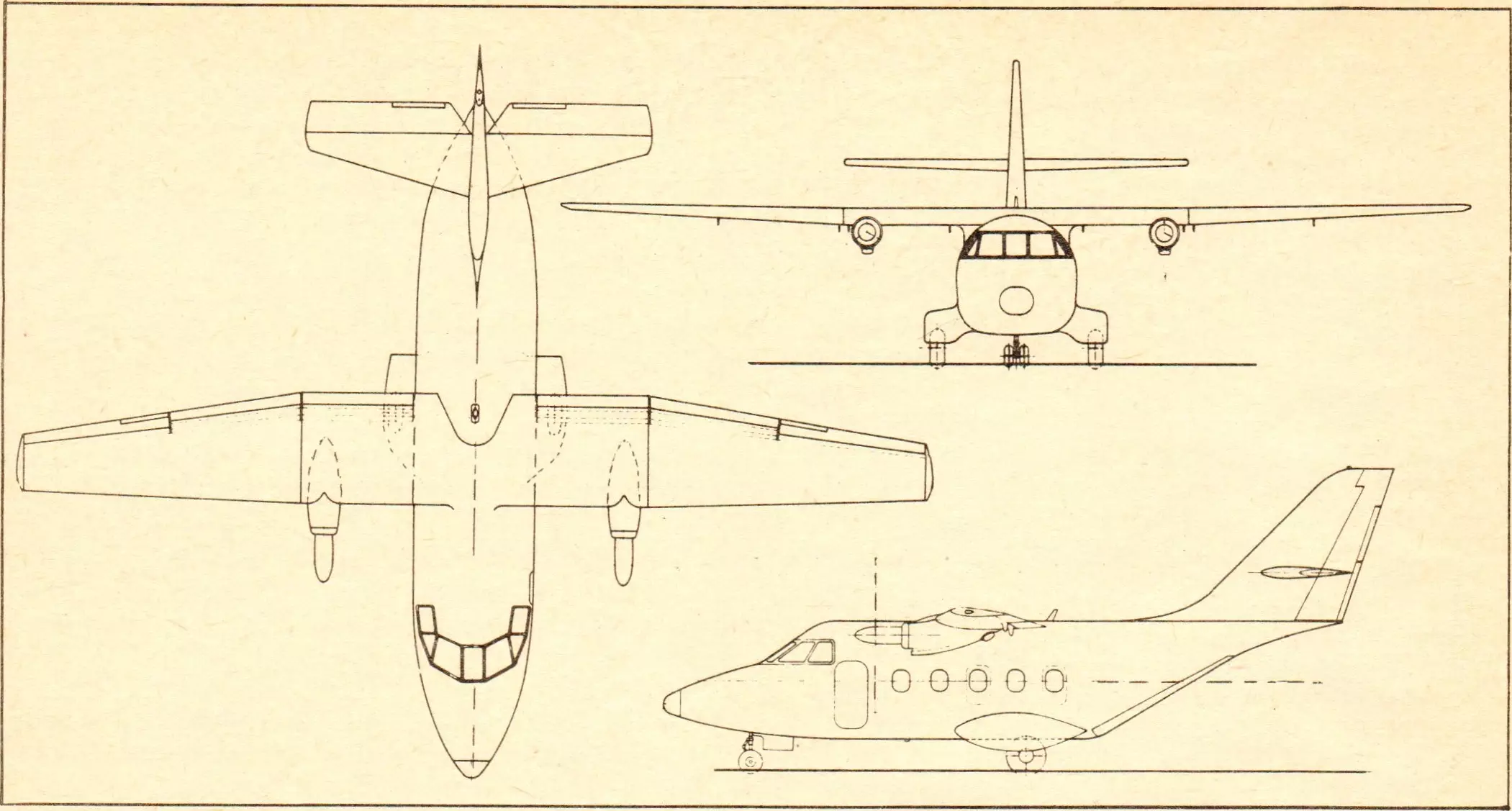 L'esquema del tipus compartit d'avions de passatgers Air-Metal Am-C 111 Stol-Lifter en tres projeccions. El primer vol del prototip s'espera a l'estiu de 1973