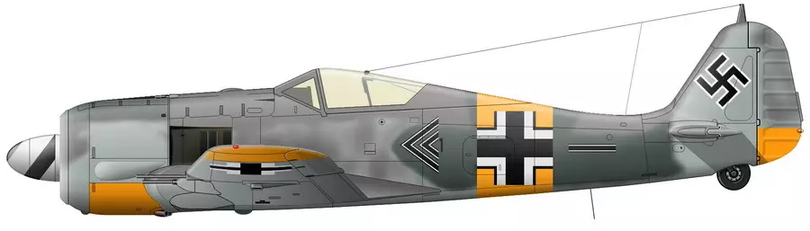 FW 190A-6 W.NR.550528 ซึ่งในเดือนมิถุนายน 1944 บินในฟินแลนด์ผู้บัญชาการ II./JG 54 Major Erich Rudorffer (Erich Rudorffer) เครื่องบินดำเนินการสีมาตรฐานของ RLM 74/75/76 แต่มันดูมืดกว่าปกติเนื่องจากการกำหนดยุทธวิธีที่มีสีและเปลี่ยนสี (ก่อนที่มันจะประกอบด้วยกลุ่มที่ฉันสมดุล)