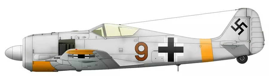 FW 190A-3 amb una opció completa d'arma, on al desembre de 1942 va volar sota el comandant de Vyazma 3./jg 51 Ober Lanentant Heinz Lange (Heinz Lange, 70 victòries seguint els resultats de la guerra)