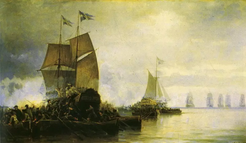 Bota Gädaa eta Snaywood Astrild hartuz Nevaren bokalean, 1703ko maiatzaren 7an. Artista ld Blinov, 1890 urte. wikiwand.com.