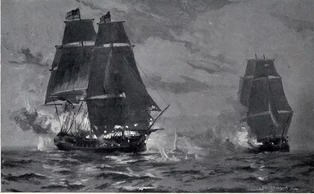 Dechrau'r duel Frigates "Blanche" a "Peak". Dawlishchronicles.com.