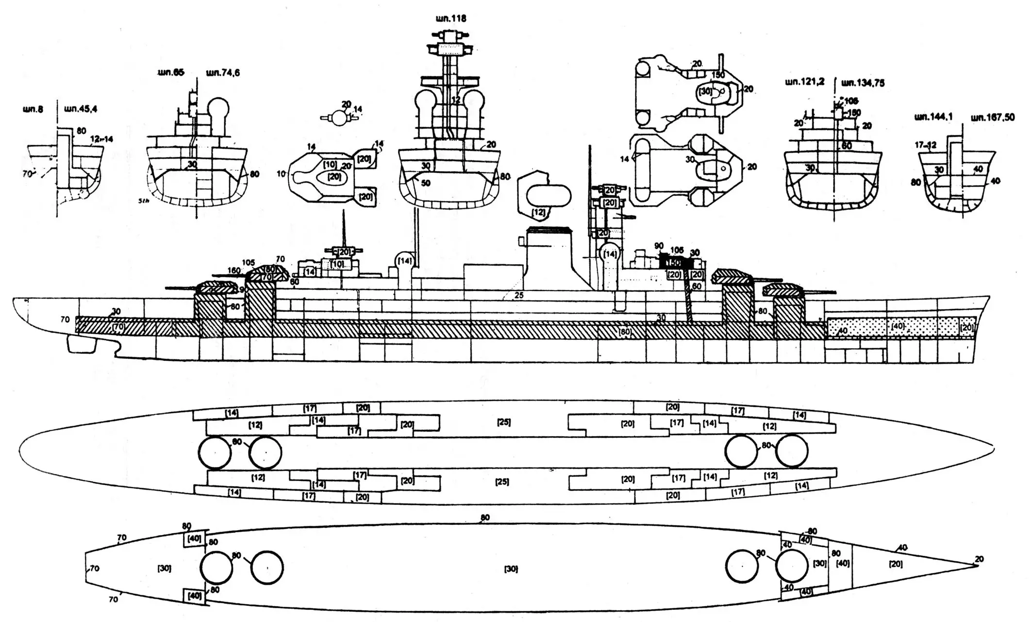 Схема браніравання крэйсераў тыпу «Адмірал Хиппер» па В. Кофману. Таўшчыня брані указана ў мм, у квадратных дужках - таўшчыня брані ў плоскасці, паралельнай плоскасці чарцяжа. Да малюнку маецца тлумачэнне, што па іншых дадзеных таўшчыня брані верхняй палубы складала 30 мм, а скосаў - 50 мм. Крыніца - В. Кофман, Цяжкія крэйсера тыпу «Адмірал Хиппер»