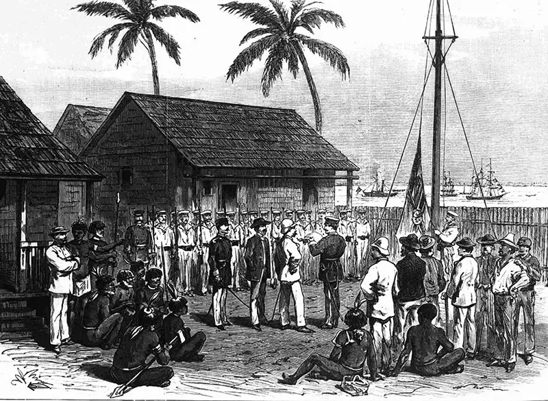 Krantenillustratie van de ceremonie van de Duitse annexatie van het eiland Mioko in 1884 Wikimedia.org