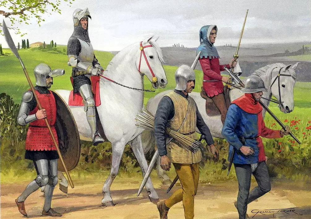 Riddare med en squire och infanteri, XIV-talet
