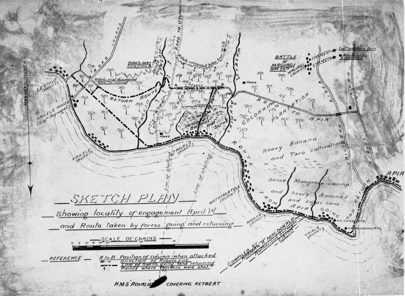 Mapa ostrovov Samoa po oddiele 1899. Antiqueprints-maps.com