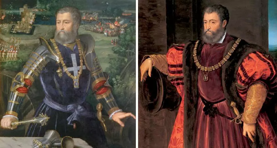 Ferrsky Duke Alfonso d'Esta, o sucesso do Criador de artilharia francesa na Itália sob Louis XII, em retratos levantados. As cores são distorcidas ao fazer uma colagem para secar as armas retratadas