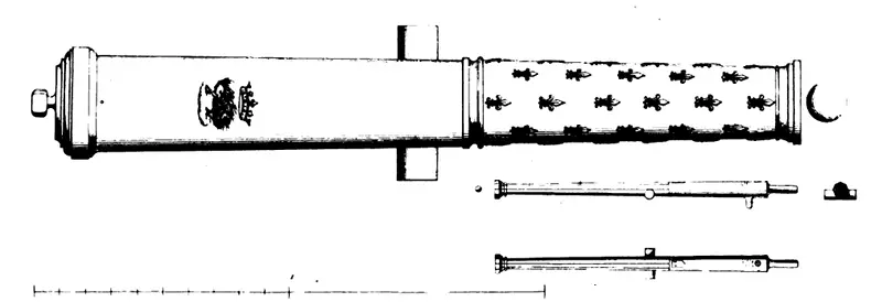 Louis XII (Kurt?) Zamanının Silahları ve 1490'da (Falcon?) Yapılan küçük kalibreli bir silah. Ölçek çizgisinin uzunluğu - 2 metre. Etudes, T.3, pl.33