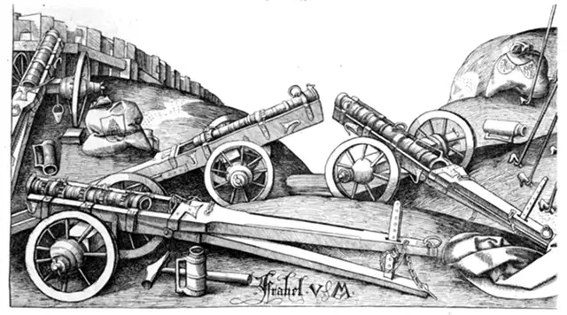 Field artillery ng Aleman na lupain ng 1470s-1480s. Ang mga katulad na bandila ay marahil sa Livonian Cooke ng mga panahon ng digmaang Ruso-Lithuanian. Essenwein, larawan 67.