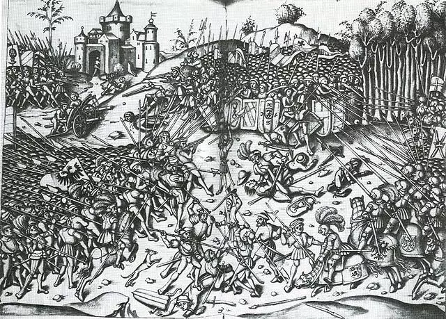 Labanan sa vestrenbach. Pag-atake sa posisyon ng Bohemians sa burol. Ang mga sapatos at field hoses ay makikita sa Aleman na bersyon ng Burgundy gripo. Altodorfer Albrecht (hanggang 1538)