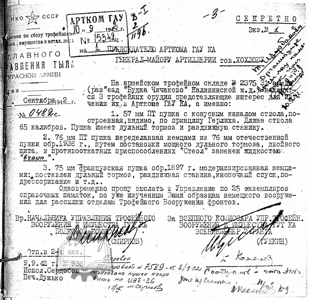 Informacioni i parë në lidhje me sistemin e trofeve, shtator 1942. Së shpejti arma doli të jetë në depon