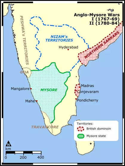 Երկրորդ անգլերեն-մայիս պատերազմի ժամանակ Հարավային Հնդկաստանի քարտեզը: Ուշադրություն դարձրեք MySore- ի սկզբունքների չափին