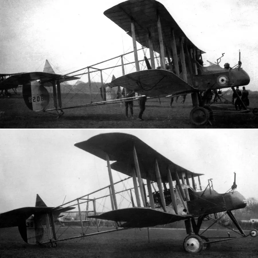 Kusintha kwamunda F.E.2B, kulola moto ndi kumbuyo kwa hemisphere. Pamwamba pa No. 5208, 914 squadron, pa February 1916. Pakati pa zikwama zimayika kukhazikitsa kwachilendo, nthawi zambiri kumagwiritsidwa ntchito pamitundu ina ya ndege. Pansi ayi. 6338, kukakamizidwa ndi Ajeremani kuti afike pa February 29, 1916 ndikukhala kutaya koyamba kwa gulu la 20 la agalu ndi F.E.2B zambiri. Pakati pa timbani zidayikidwa ndi mfuti zowongolera