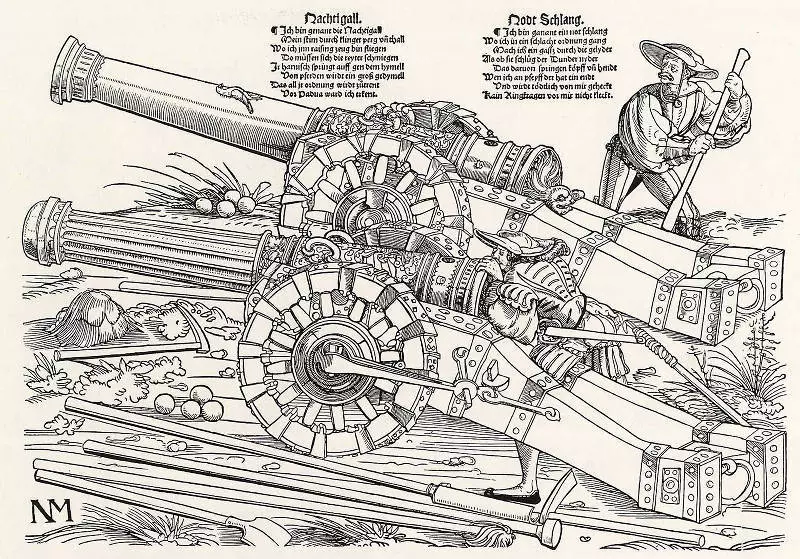 Natigal in Notchlang na Erhard Chöni gravving (približno 1535). Takih naslovov, ki jih vsaj daje umetnik. Dobro vidna nemška čoln in različne pushkarskaya.