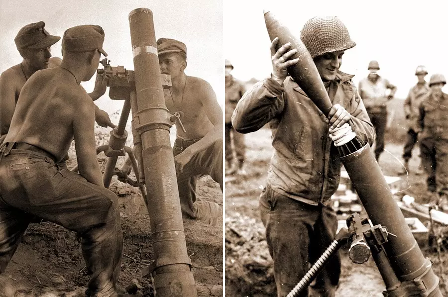 Erkenning Sign: 120 mm 12 cm S.Granatwerfer 42 mortier Mines S.Granatwerfer 42 Duitse mortiere, reg verlaag myn reeds in die trofee Duitse klei vat Amerikaanse infanterist.