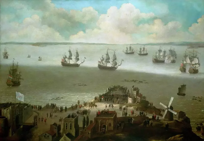 Борба против енглеске флоте са тврђавама. У линеарном броду предњег плана. Уметник Даниел Схаллинкс.