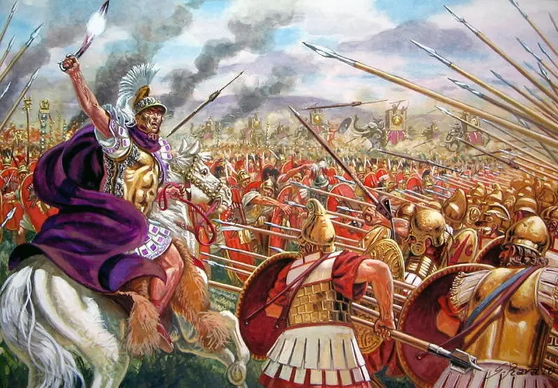 Batalla a Heraclei entre la falanga macedònia i les legions romanes. Reconstrucció de J. Rava. Pinterest.ie.