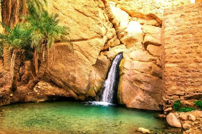 OASIS sa pagsaulog sa Tunisia nga adunay outlet sa tubig sa porma sa usa ka talon gikan sa bato nga laray.