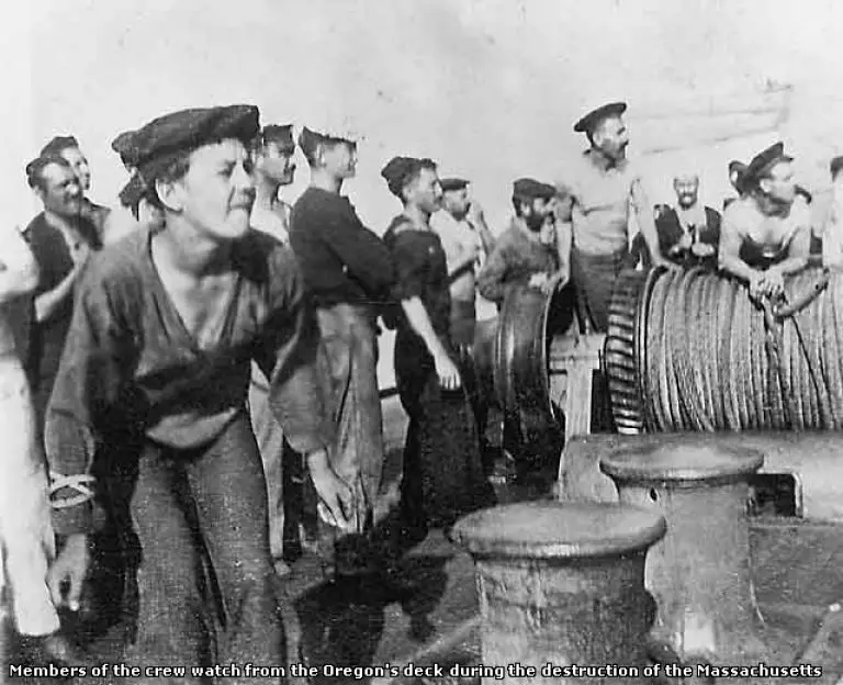 Sailors on the deck of Oregon are watching the tragedy of Massachusetts