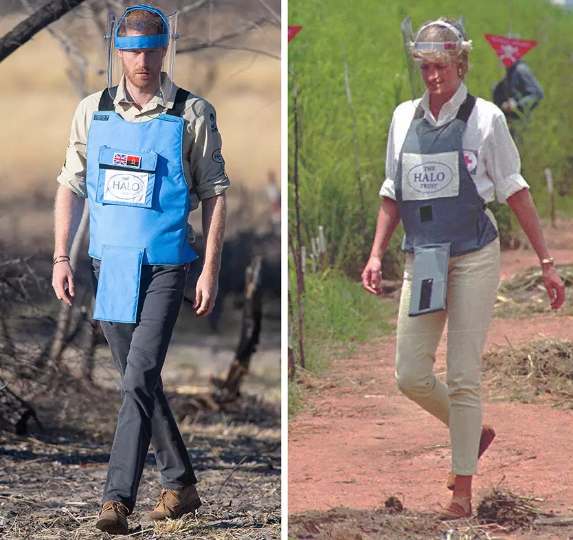 Prinzessin Diana an de Prënz Harry während enger Visite an Angola an 2019 an 1997. Photo: Dominic Lipinski / Antonio Cotrim / EPA / TASS