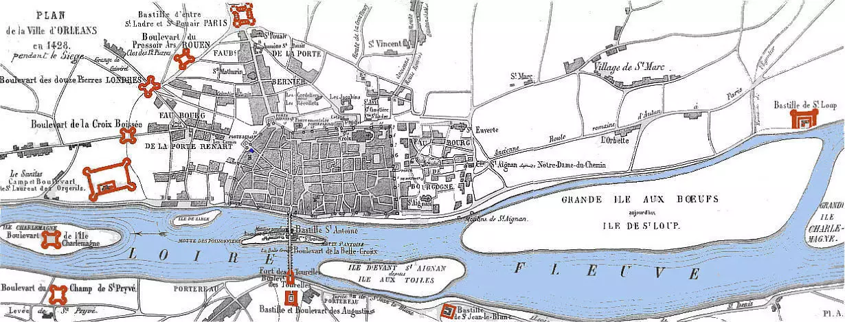 Plan susjedstva Orleansa od 1428. godine. Busi koji se bave britanskim bastidima istaknuti su u crvenoj boji. Bastid Saint Lou Extreme Desno