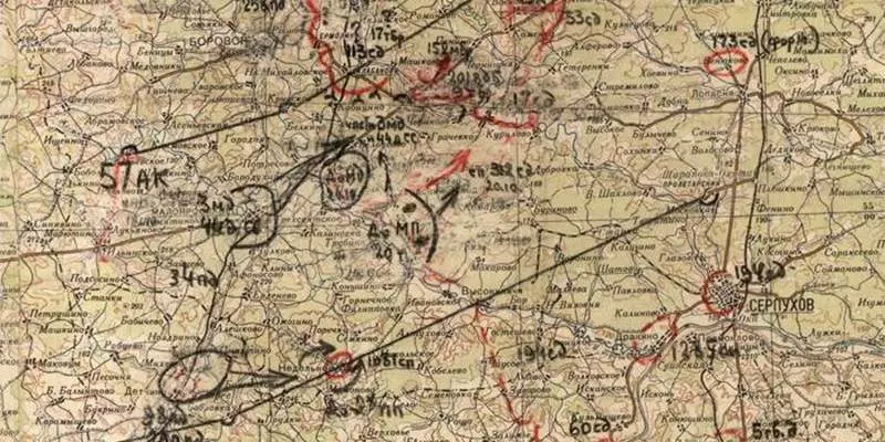 Časti správnej karty západnej fronty od 18. do 20. októbra 1941. Zaznamenaný moment neoprávneného odchodu 17. SD z ochrany, ako aj odchod k nej po 312. SD
