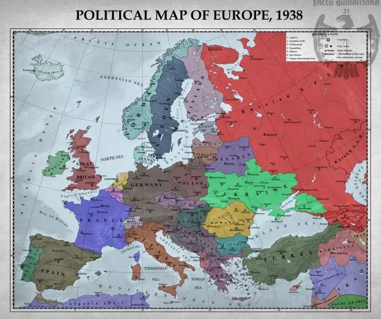 אירופה מפה על ידי המדינה למארס 1938.