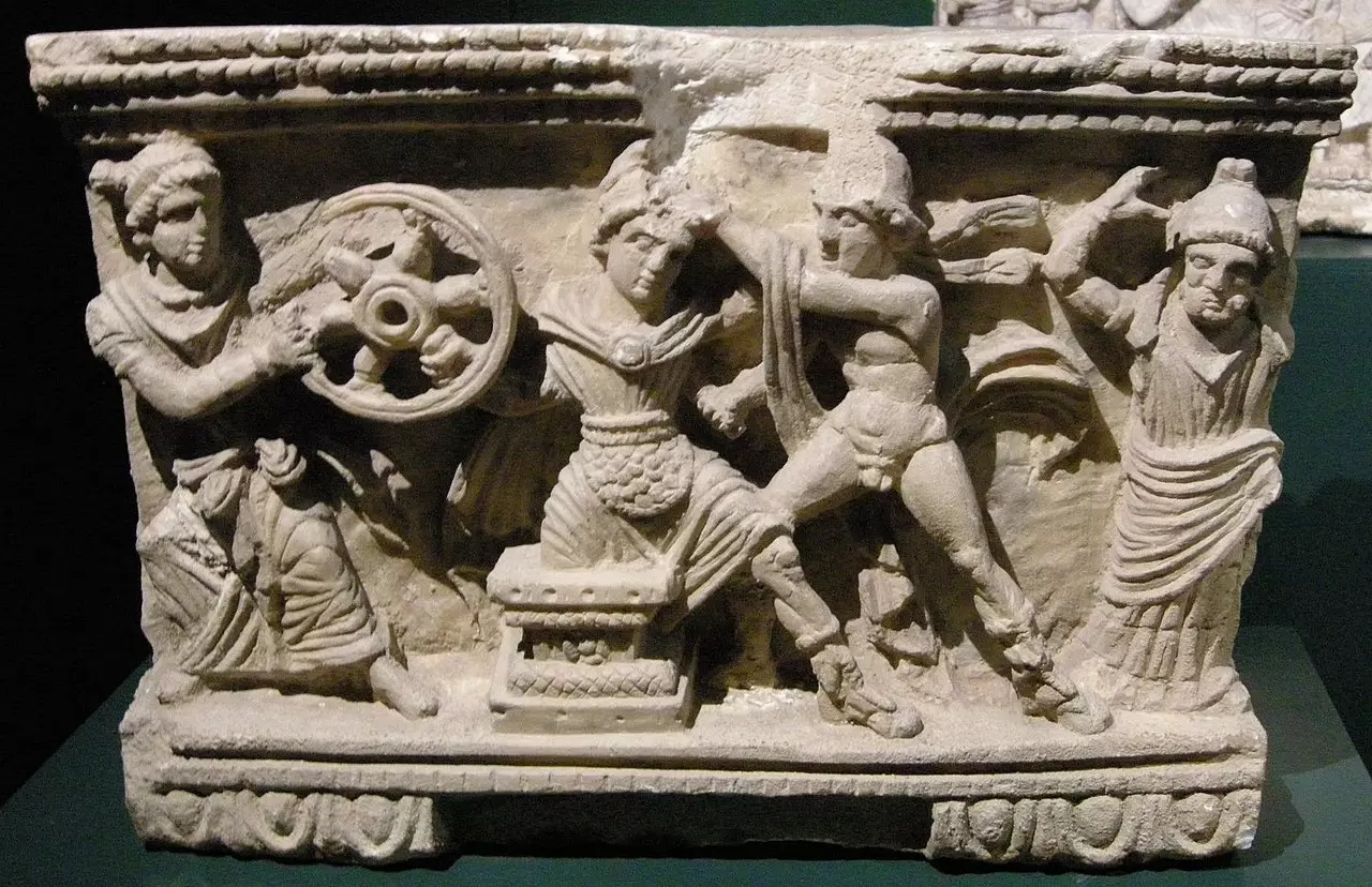 Peelop touye mitik nan etruscan sarcophagus. Etruscan Mize yo te rele Guvarnacci [Li], Volterra