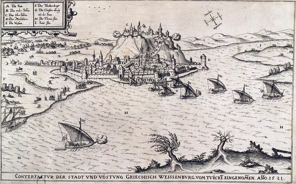 Osada Beograd adalah 1521 di kemudian hari dan tidak sepenuhnya dokumenter (rupanya, 1540-an). Pandangan tentang utara; Di sebelah kanan, pantai jauh dari Sava adalah Radicon dan, di bawah, pulau militer