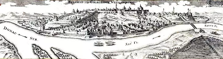 Belgrad en 1760 amb gravats de zoyter; Vista des de l'oest-nord-oest. L'enfortiment d'aquest temps va créixer molt, però les antigues muralles, i el castell superior són visibles.