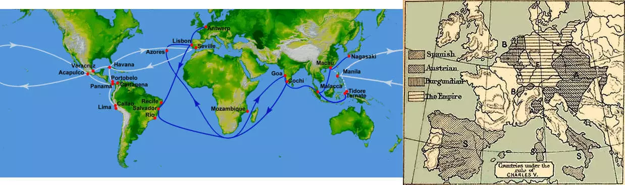 Jalur perdagangan global utama dari orang-orang Spanyol (putih) dan Portugis (biru). Kanan - kepemilikan Eropa dari Charles V setelah pemilihannya oleh Kaisar Kekaisaran Romawi Suci (daerah yang diarsir)