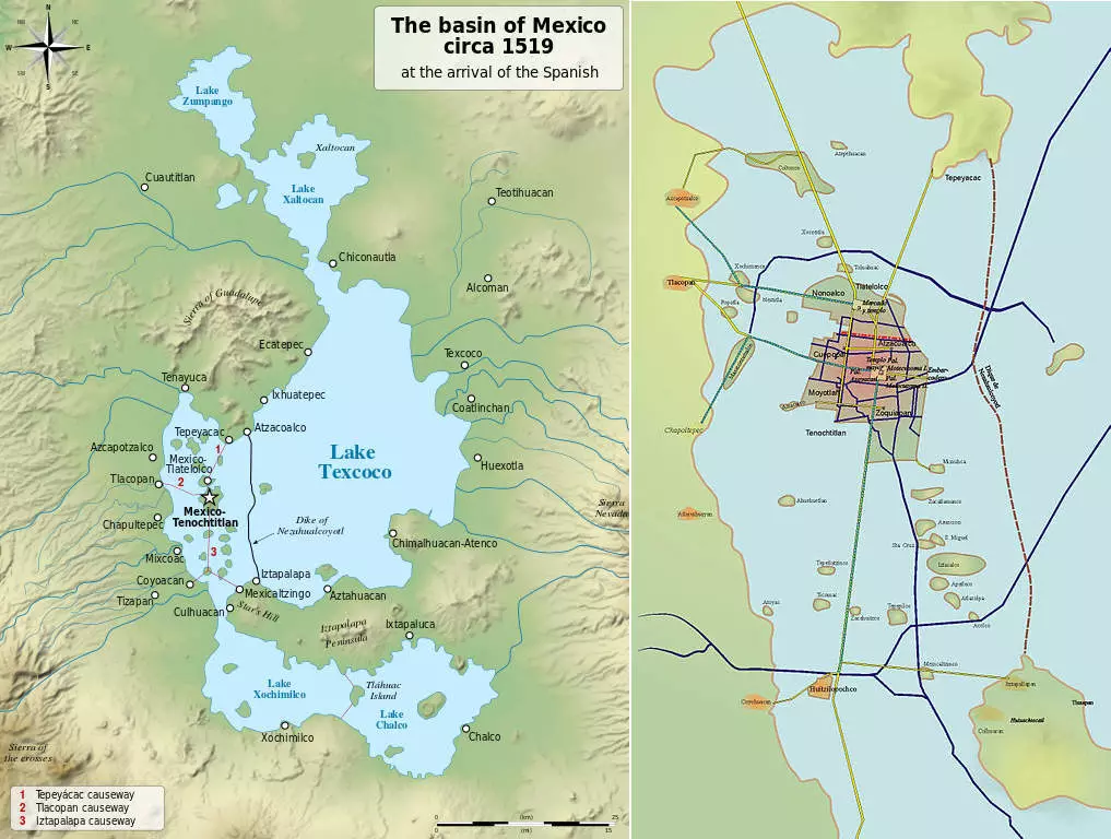 Reconstrucció del pla del llac Teschkoko i de les ciutats a les seves illes i costes. Esquema de l'illa, presa i ponts. Illa mides d'uns 3 × 1,5 km