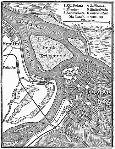 L'esquema de la ciutat i la fortalesa de Belgrad en 1888. Dues fortificacions són clarament visibles, la part inferior i superior, l'illa és un gran militar (encara que pogués tenir diversos contorns al segle XVI) i el lloc on es trobava la terra (Zemun). En moltes imatges medievals, Belgrad es mostra des de la costa llunyana (nord) del Danubi