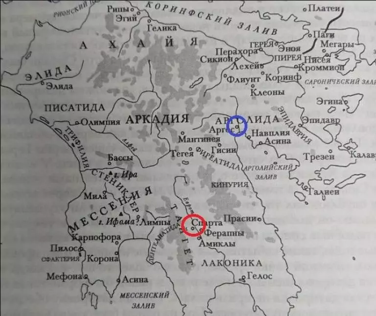 Argos sareng Sparta dina peta kuno Peleponkeun.