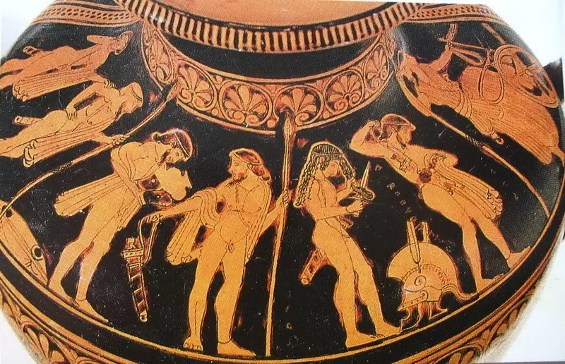 Pohodna pristojbina. Slikanje Redfigure Amphora, 500 BC Narodni muzej arheologije, Atene. Pinterest.com.