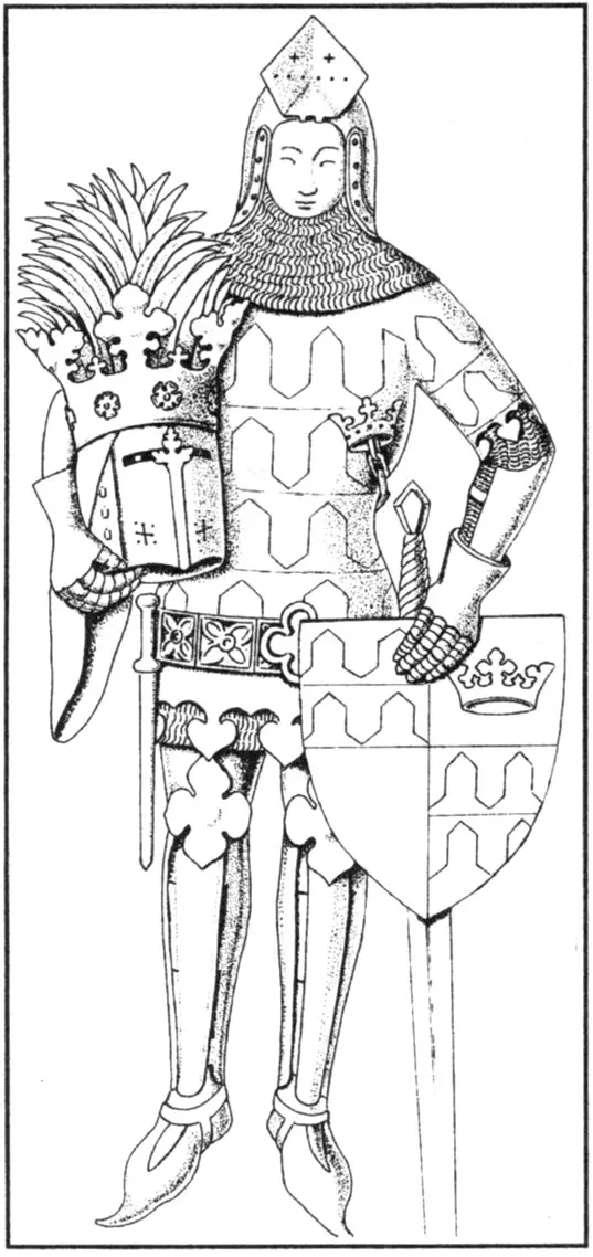 Hartmann Hintergrund Kraveberg (Mind. 1372). Auf der Rüstung trägt der Ritter das Kap neben dem Körper, der das heraldische Muster aus dem Schild wiederholt. Beine schützen die Beine, an dem Sloe (Klappvisier) befestigt.