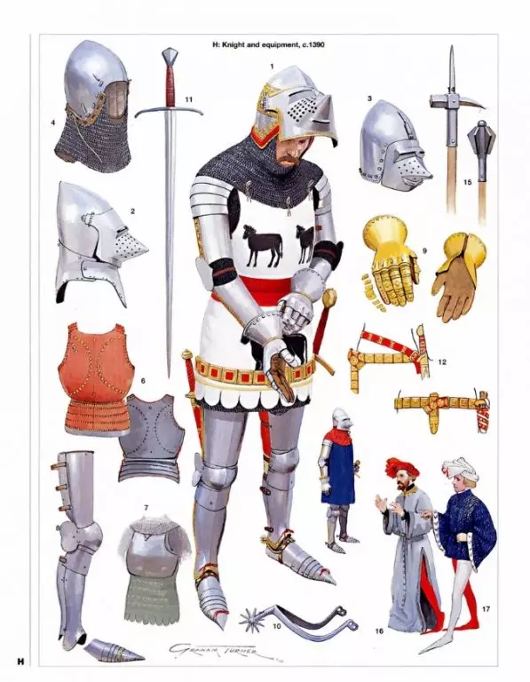 The approximate view of the knight of the second half of the 14th century. To protect the head of the warriors, helmets-Bacing boats with a collar barmice were used. Protection of the hull provided a brazard. To protect hands used shoulder shouts, elbows and bracers. Hand brushes closed with walled mittens. The legs were covered with gaps, knee pads and laymen.