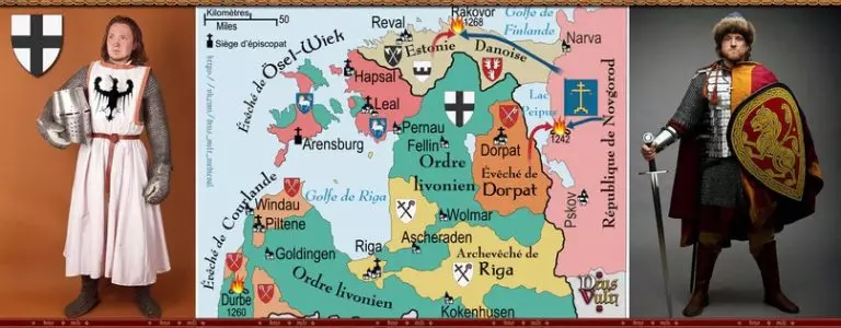 Diagrama de mapa do enfrontamento armado entre terras alemá e danesa, ordes - e señor Veliky Novgorod. Rose marcou terras rusas, verde - ordenanza. Terras de area no norte - Dane. Bispo Derptico da Orange, Riga - Amarelo e Vermello e Xuramento - As terras do Courneda e Lealsky Episcopate.