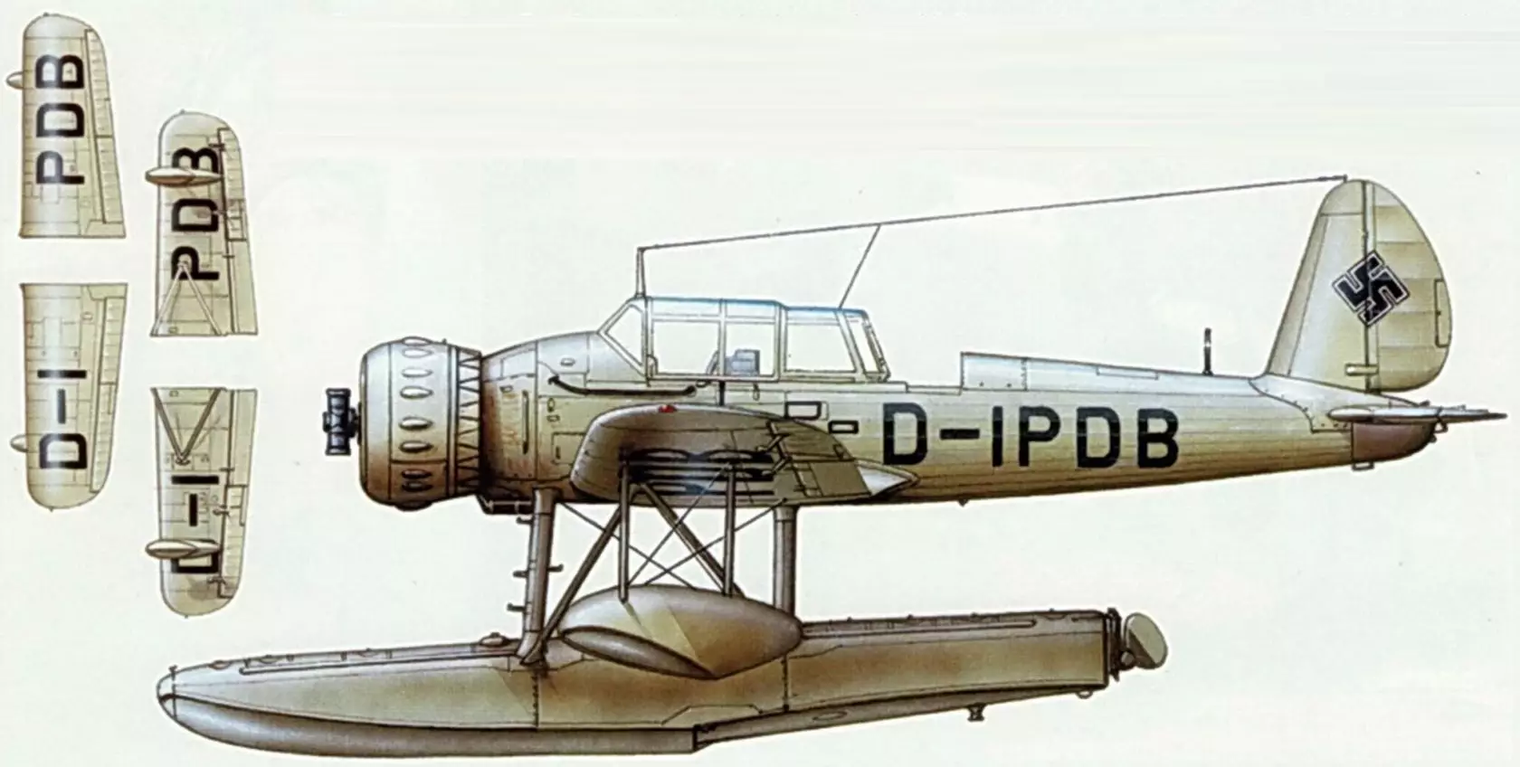 While the Arado AR 196 V3 and V4 prototypes remained in duralumin, i.e. The aluminum paint was completely painted, the third prototype of a single-melted version of Arado Ar 196 V5 was completely painted with light gray-green paint (RLM 02/63). If on the first two prototypes swastika was in a white circle on the red strip, then on the third prototype it was applied separately. The civil registration number was applied with black paint on the side of the fuselage and on the upper and lower surface of the wing as shown in small patterns on the side