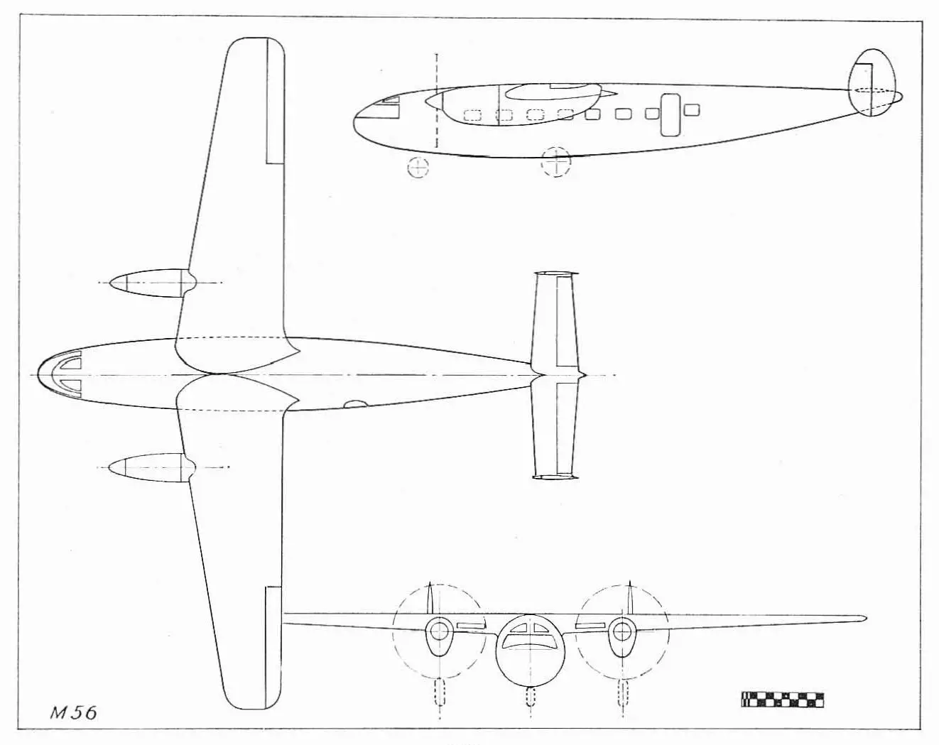 24 kişilik bir yolcu uçağının Miles M.56 projesinin şemaları