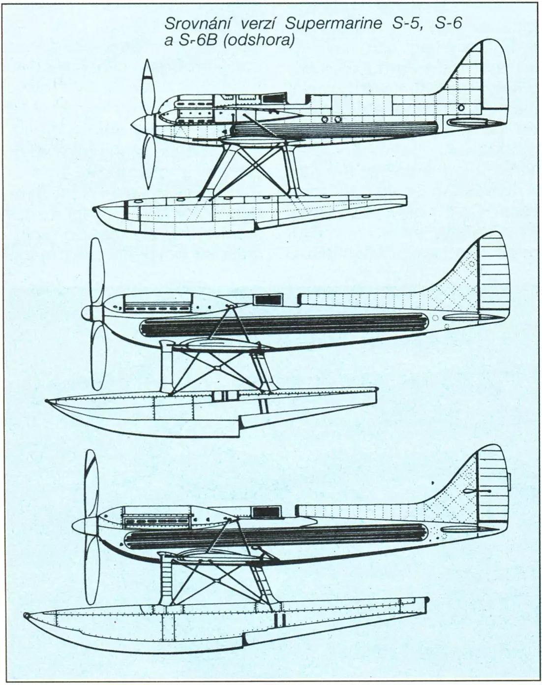 Perfiles de carreras y récord de placas de float de supermarina; De arriba abajo: S-5, S-6 y S-6B