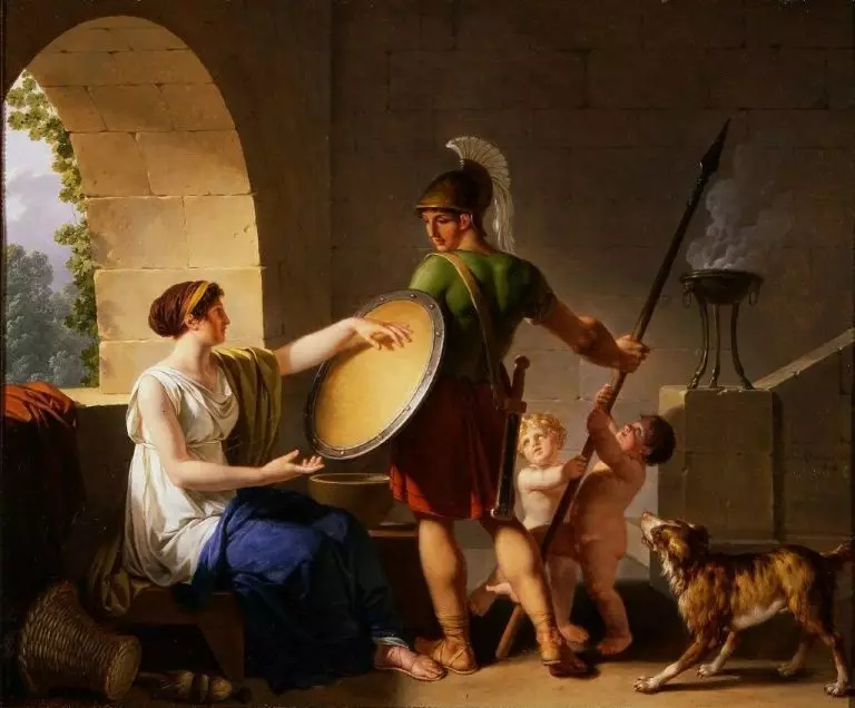 Spartan kezek pajzs a fiának. Klasszikus vászon Jean-Jacques-Francois Le Barbier.