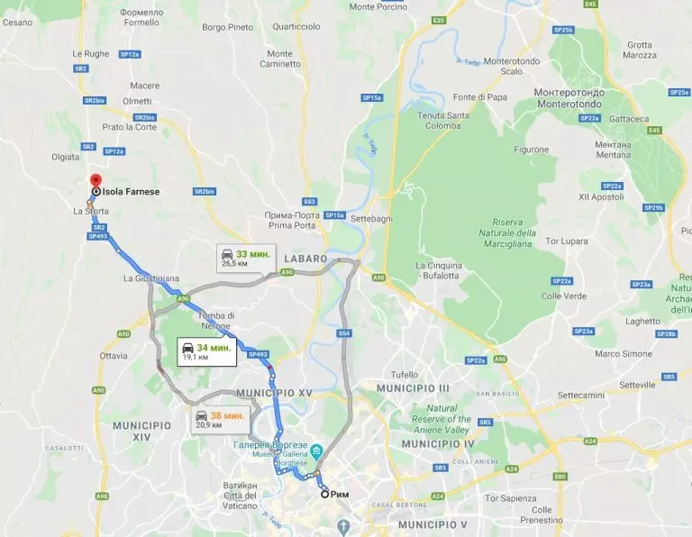 この地図では、ローマの中心から魏が位置していた場所まで、19.1 km、環状道路から10キロ未満