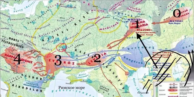 Мәжбіне көші-қон картасы: 0 - Огубо халықтарының ықтимал бесігі 1 - УГРИ халықтарының ортақ үйі (Болгария қағаната Болгардықтар) 2 - Хазар вассалитеті және Dnieper-дің түбіндегі 4 пана-пияшылықты жеңу Башқұрж