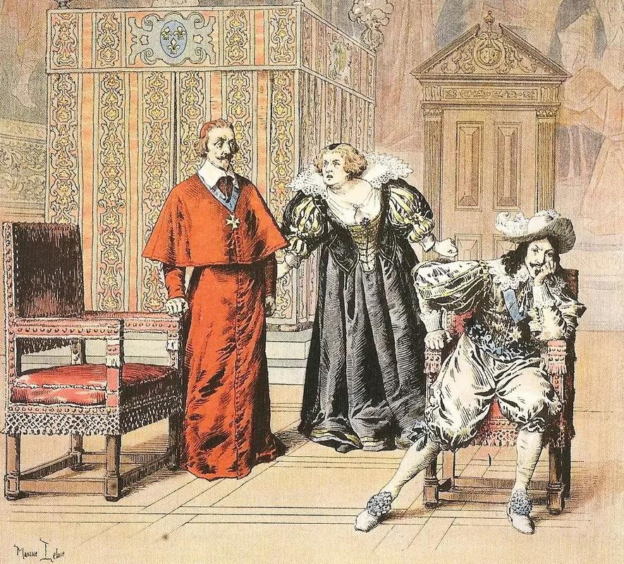 कार्डिनल रिचलीयू, लुईस XIII आणि क्वीन आई मारिया मेडिसि. कलाकार मोरिस leluar, 1 9 10. en.wikipedia.org.