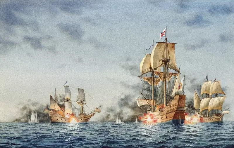 Барови на англиски Корсаик со шпански бродови, XVII век. Историски.