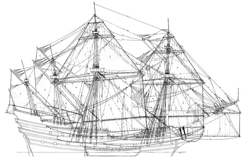 چټک galleon دیاګرام، 1610 کال. بیا رغونه. 15marins.blogspot.com.