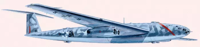 Me-264 gyda phedwar peiriant turbojet jumo 004c a phlu siâp T.
