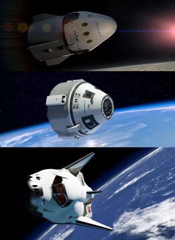 Perspektif Amerika sing ngatur Spacecraft Spacecrafx Dragon V2, Boeing CST-100 lan Sierra Nevada Chaser (sing terakhir kasebut mudhun saka kontes NASA, nanging bisa uga ditindakake ing urutan inisiatif)