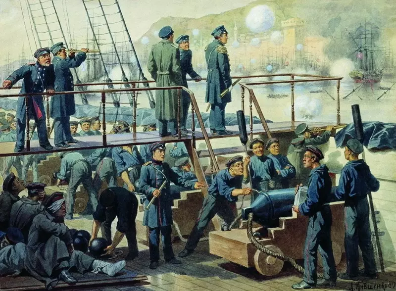 Ammiraglio Nakhimov sul ponte della loro nave ammiraglia. Artista Alexey Kivshenko.